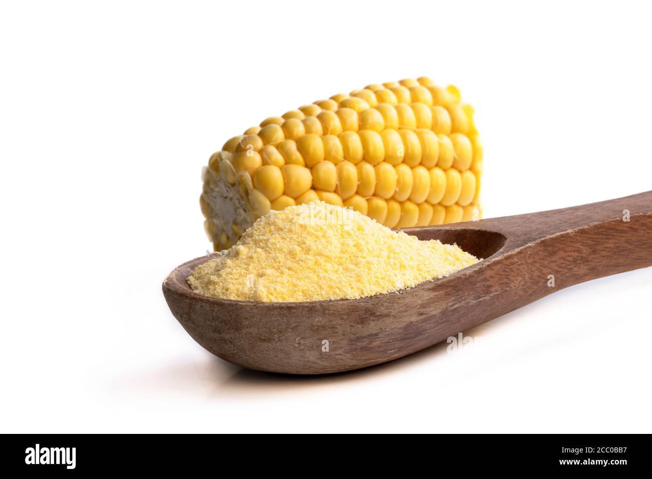 Corn maize meal in wooden bowl isolated on white Stock Photo - Alamy