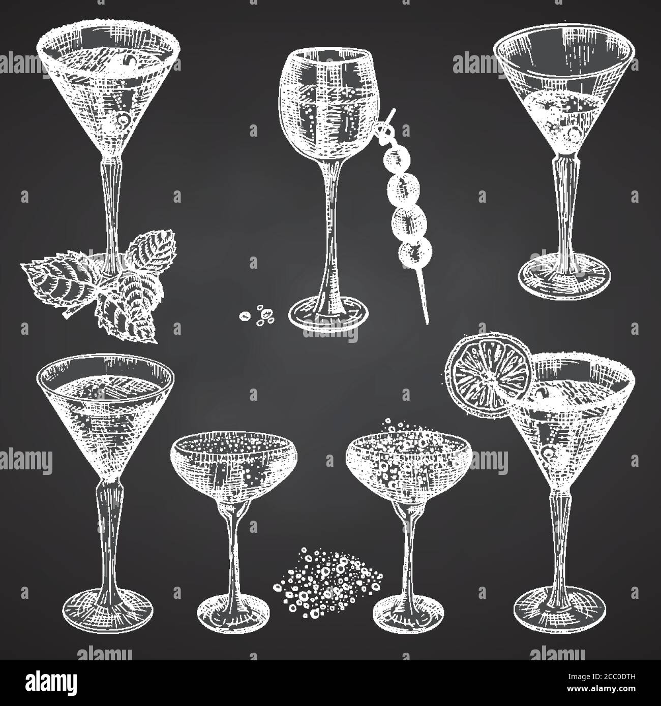 Set hand drawn sketch glasses for alcoholic drink. Champagne. Vintage ...