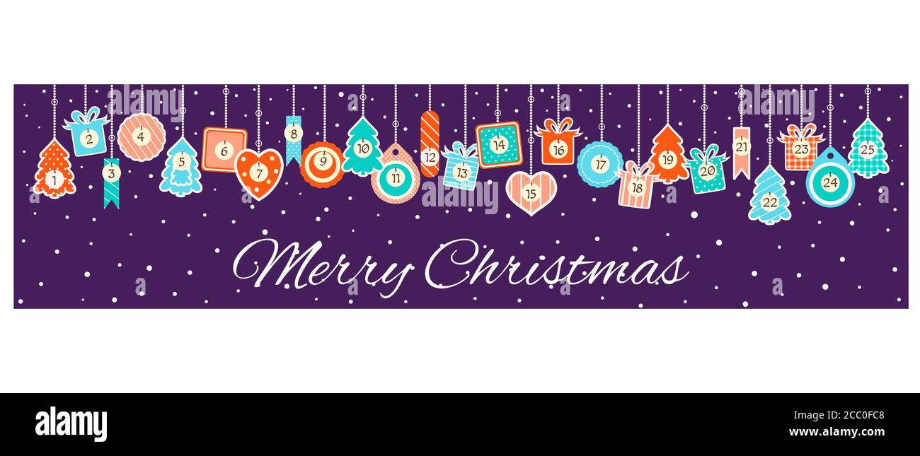 Horizontal banner with Christmas advent calendar with labels in retro ...