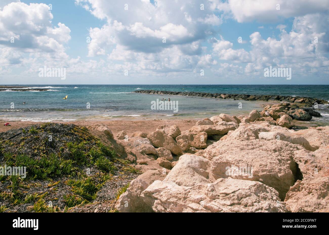 A fantastic stunning colorful landscape, a blue sea shore, the coast of ...
