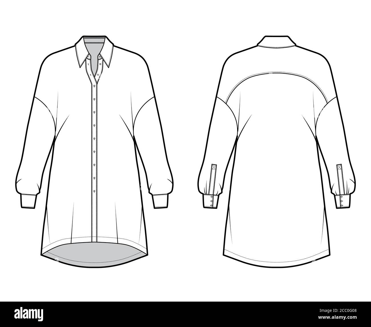Oversized blouse technical fashion illustration with basic shirt collar ...