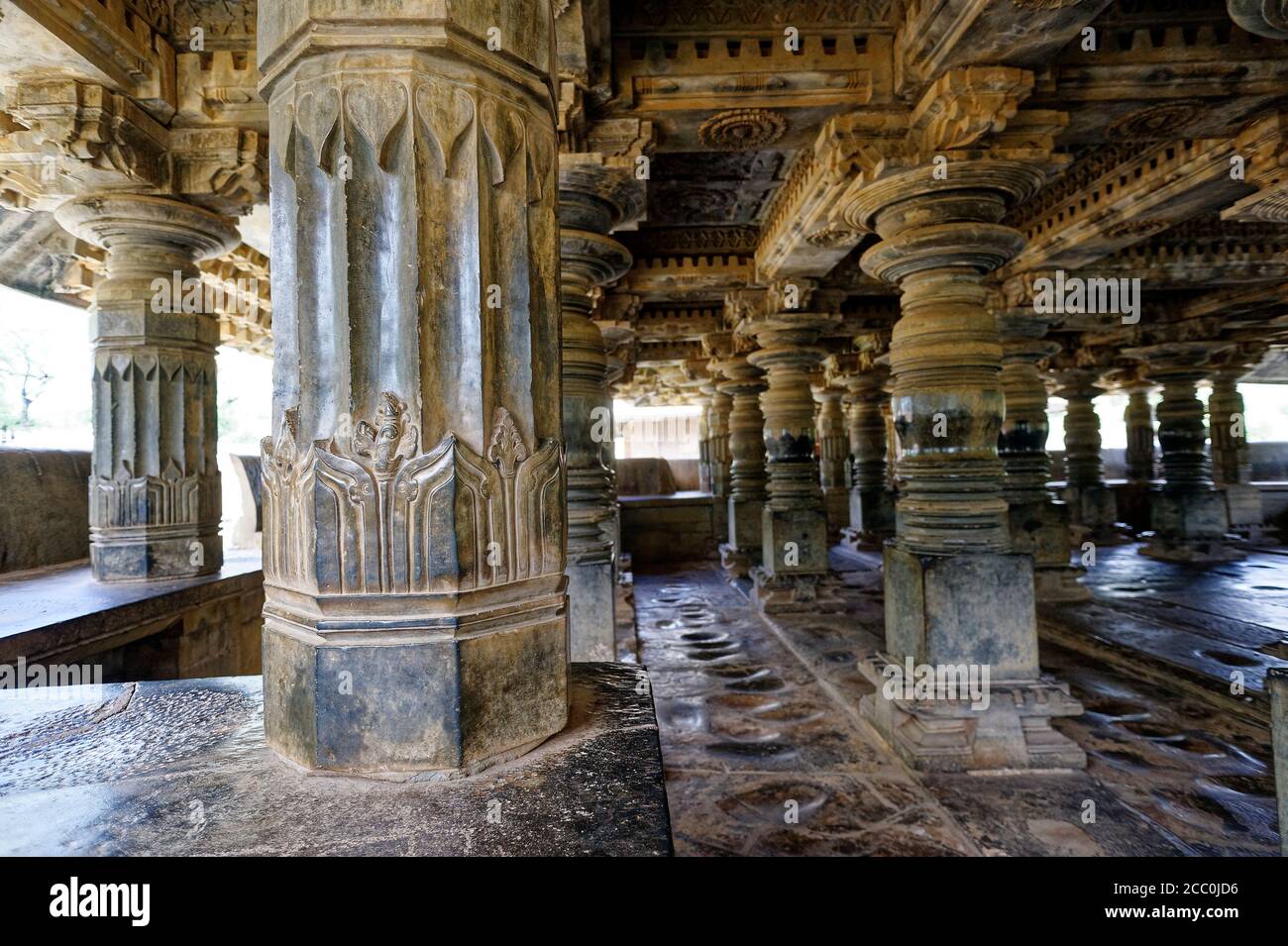 Large open mantapa with lathe turned pillars in the Nagareshvara temple ...