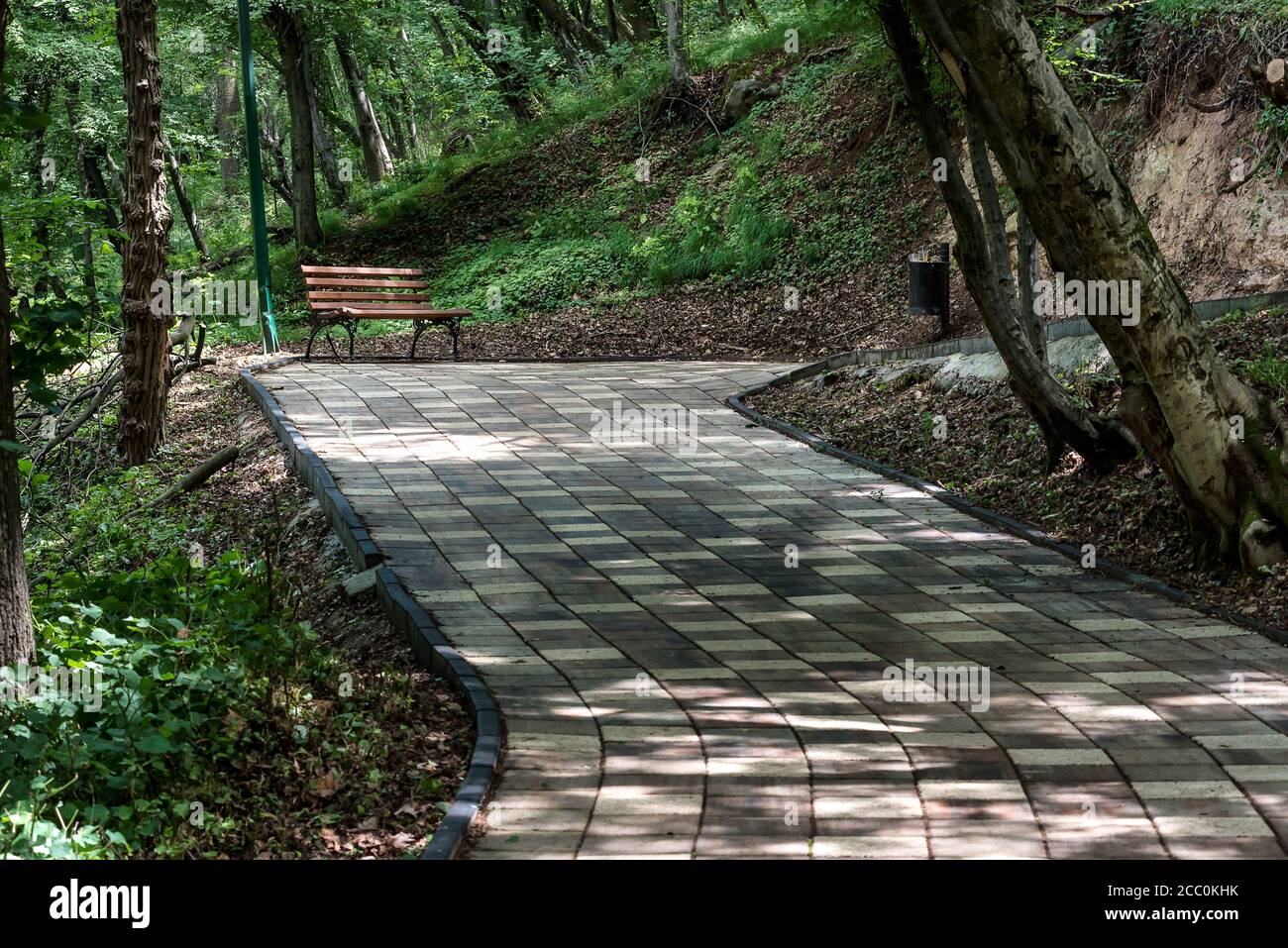 Park walkway with benches in the spring. Cool shaded walking area Stock ...