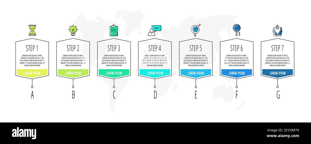 Vector infographics with 7 steps, labels. Line template. Used for diagram, flowchart, info graph ...