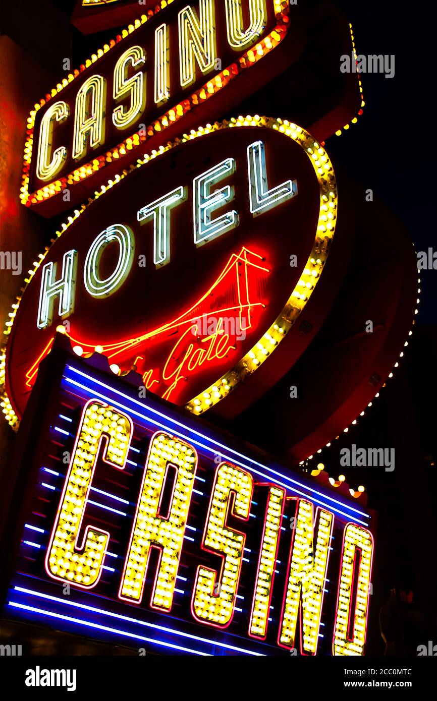 Golden Gate Hotel & Casino sign illuminated by night in Las Vegas. It ...