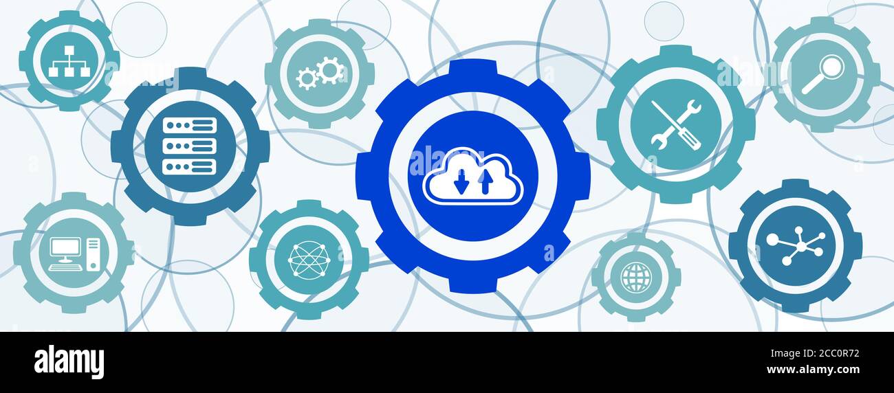 Concept of cloud networking with icons in cogwheels Stock Photo - Alamy