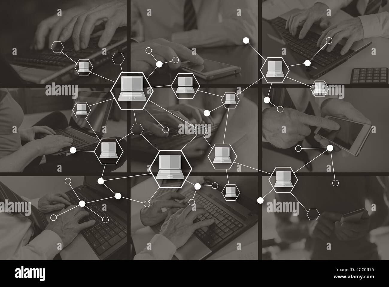 Devices connection concept illustrated by pictures on background Stock ...