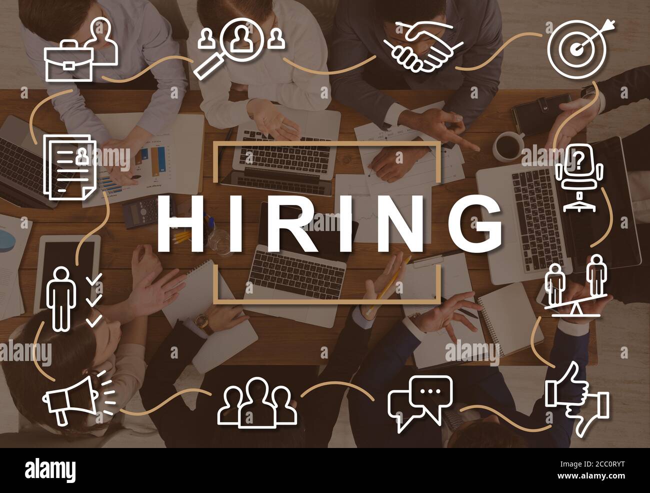 Collage with word HIRING, business icons and multinational colleagues ...