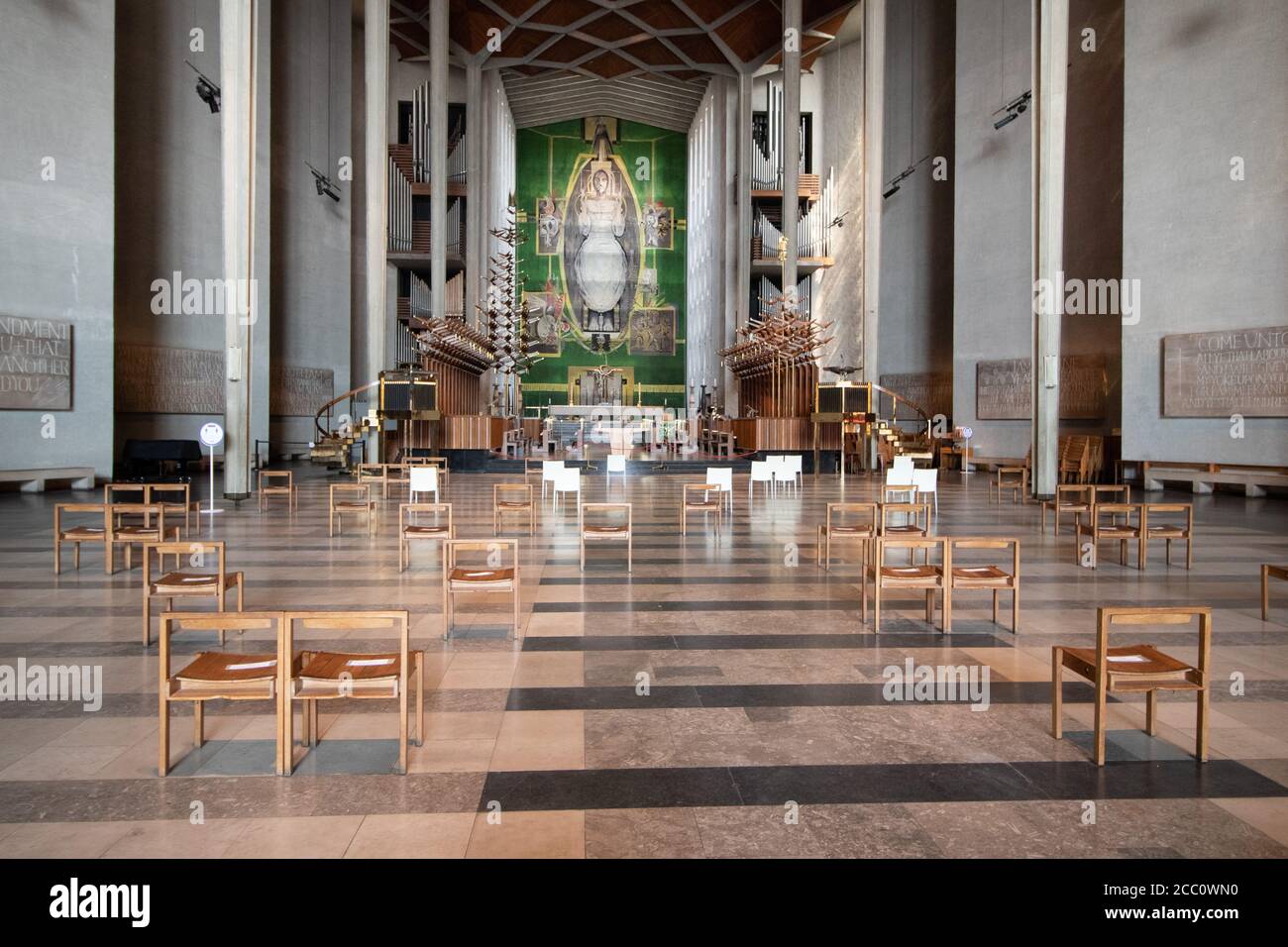 The interior of Coventry Cathedral showing socially distanced seating ...