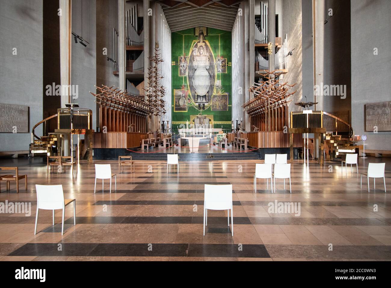The interior of Coventry Cathedral showing socially distanced seating ...