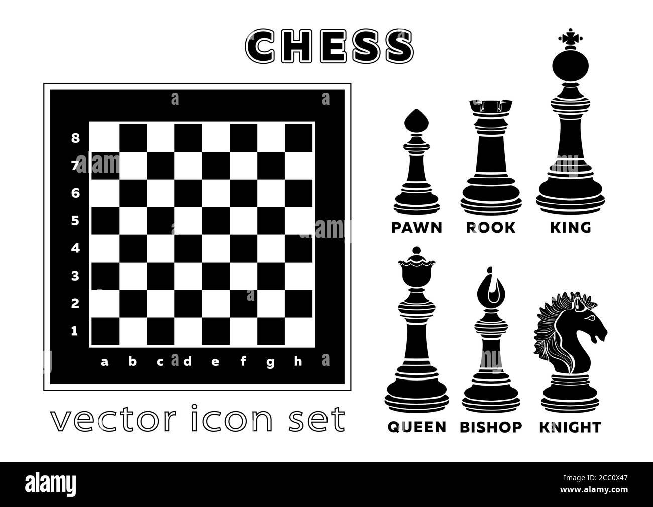 Chess and board icons set, chessmen banner, silhouette, flat black and ...