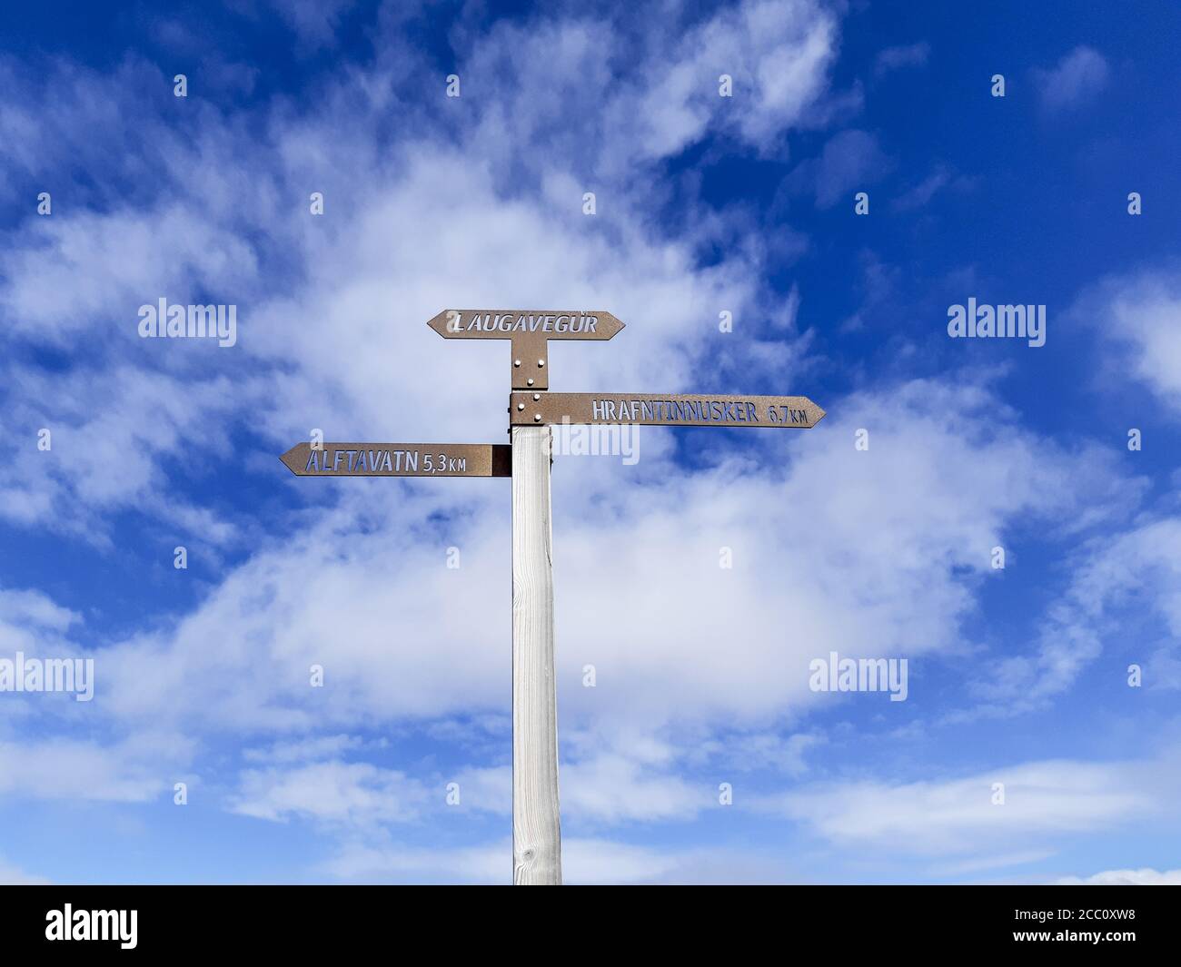 Directional sign pole indicating directions to laugavegur, alftavatn ...