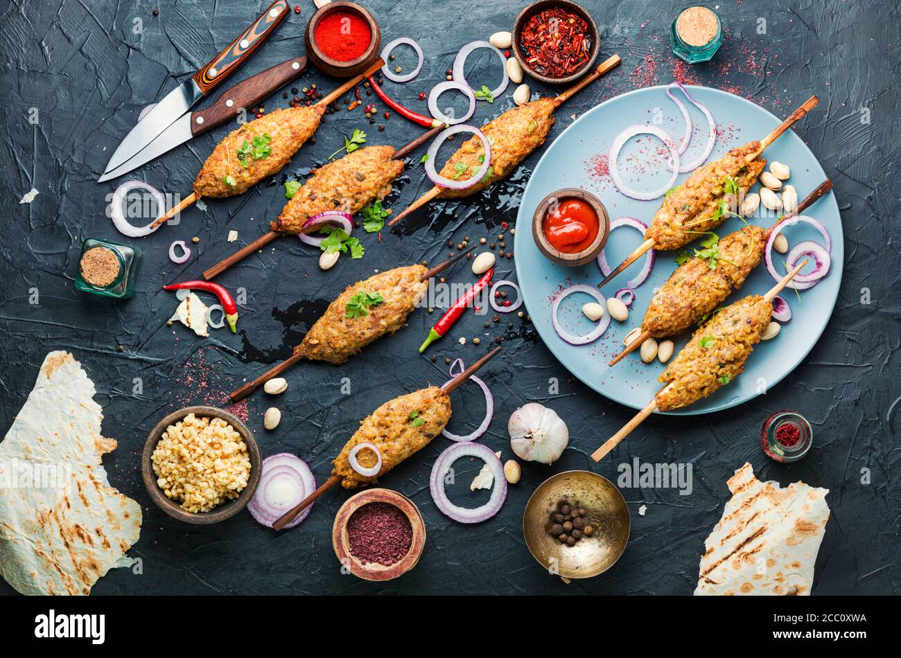 Shish kebab on a stick.Minced meat skewers or lula kebab.Grilled lula ...