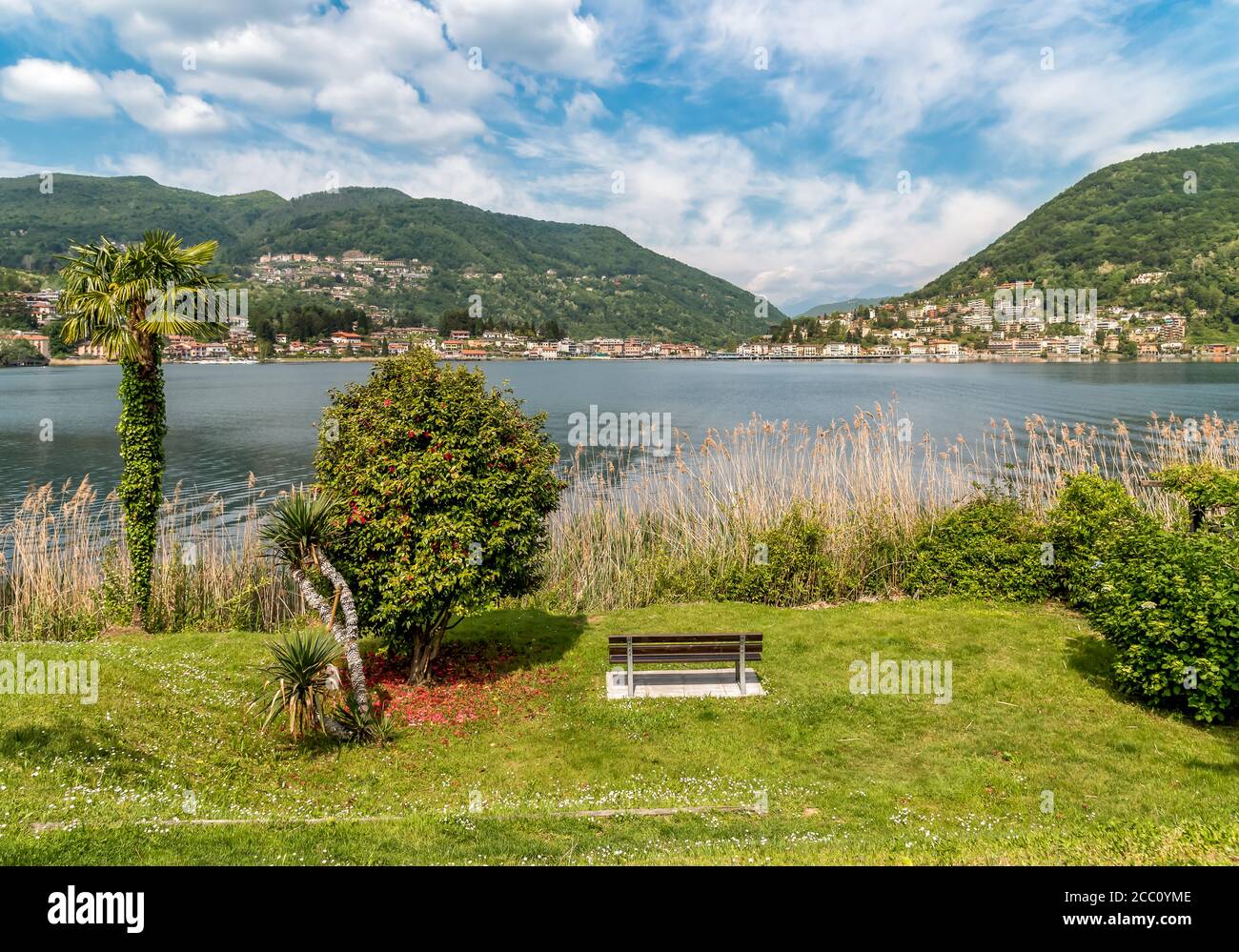 Landscape of lake Lugano on a cloudy day from Lavena Ponte Tresa ...