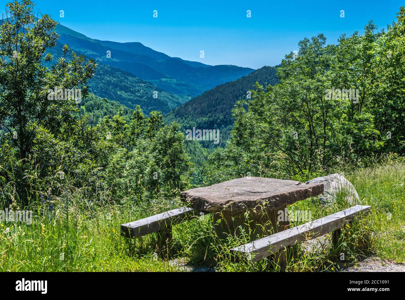 Spain, Catalonia, Pyrenees, Vall de Nuria, village of Queralbs, picnic ...