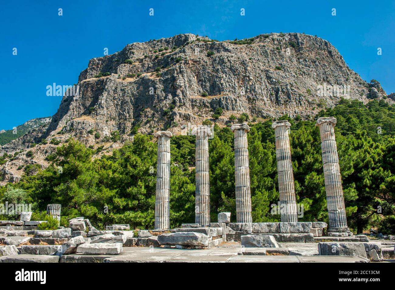 Turkey, Ionia, Priene Greek city, columns of the temple of Athena (350 ...