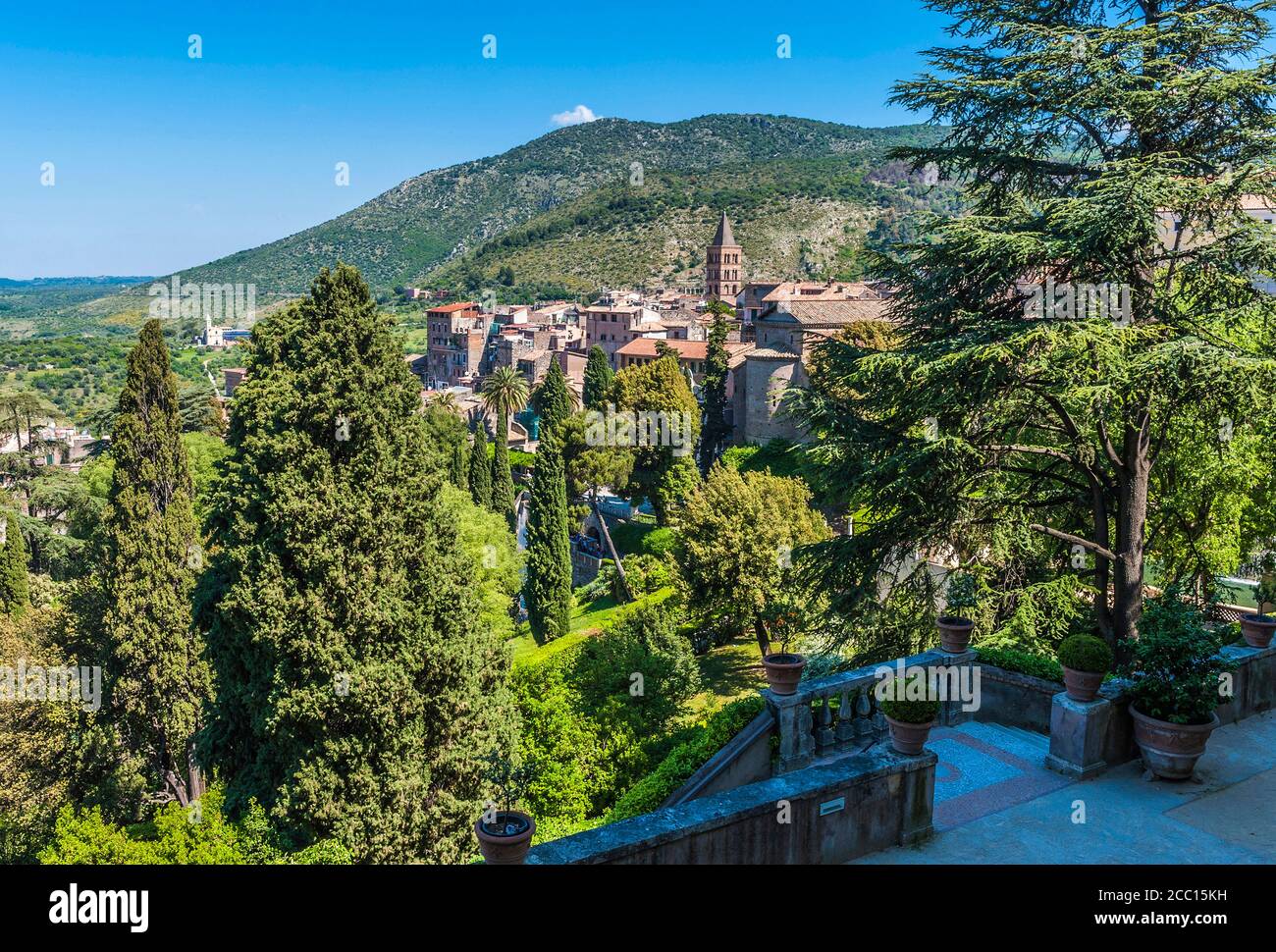 Italy, Lazio, village of Tivoli seen from the villa of Este ...