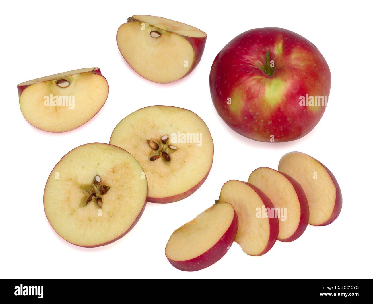 Set of fresh whole and cut apple and slices isolated on white ...