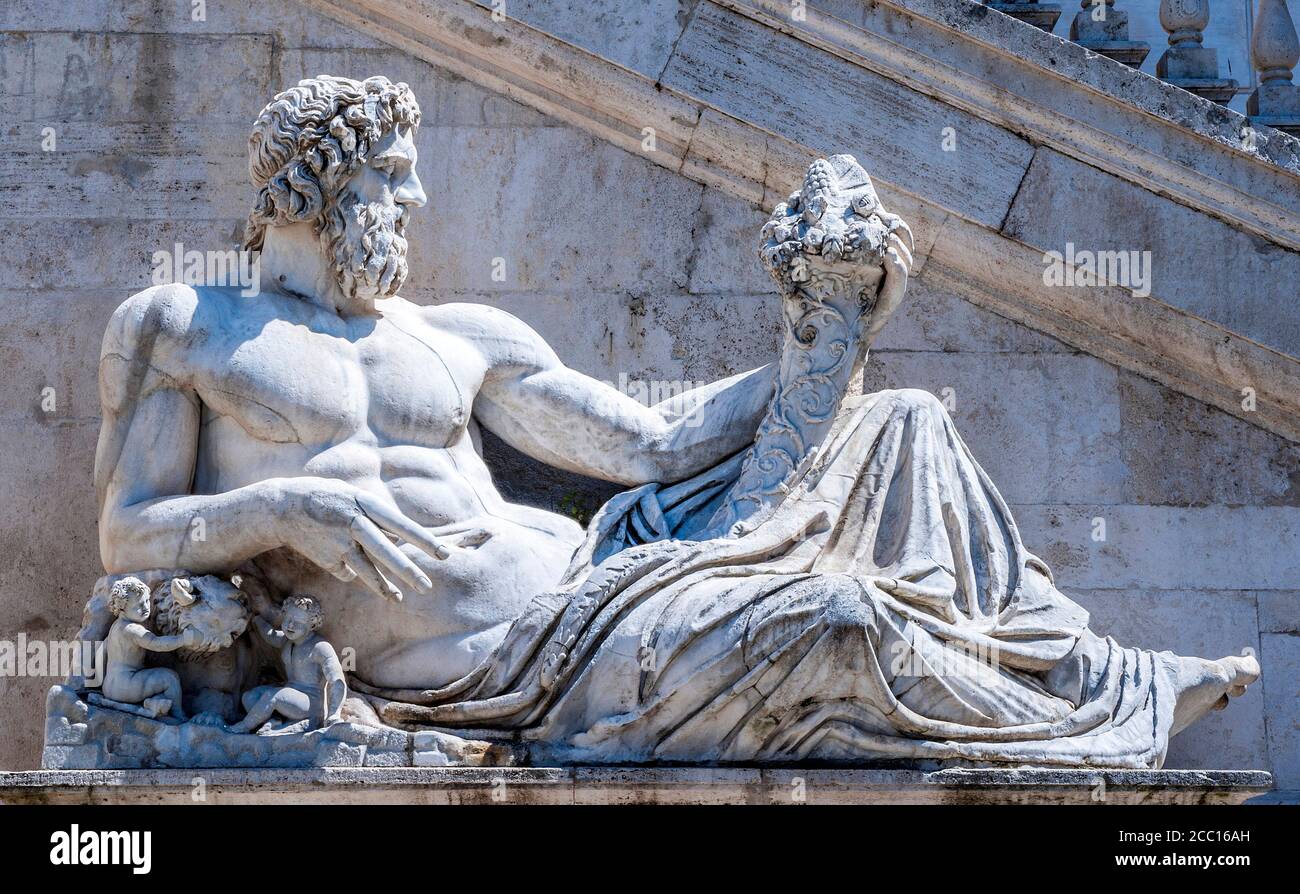 Italy, Rome, Capitoline district, Piazza del Campidoglio, statue at the ...