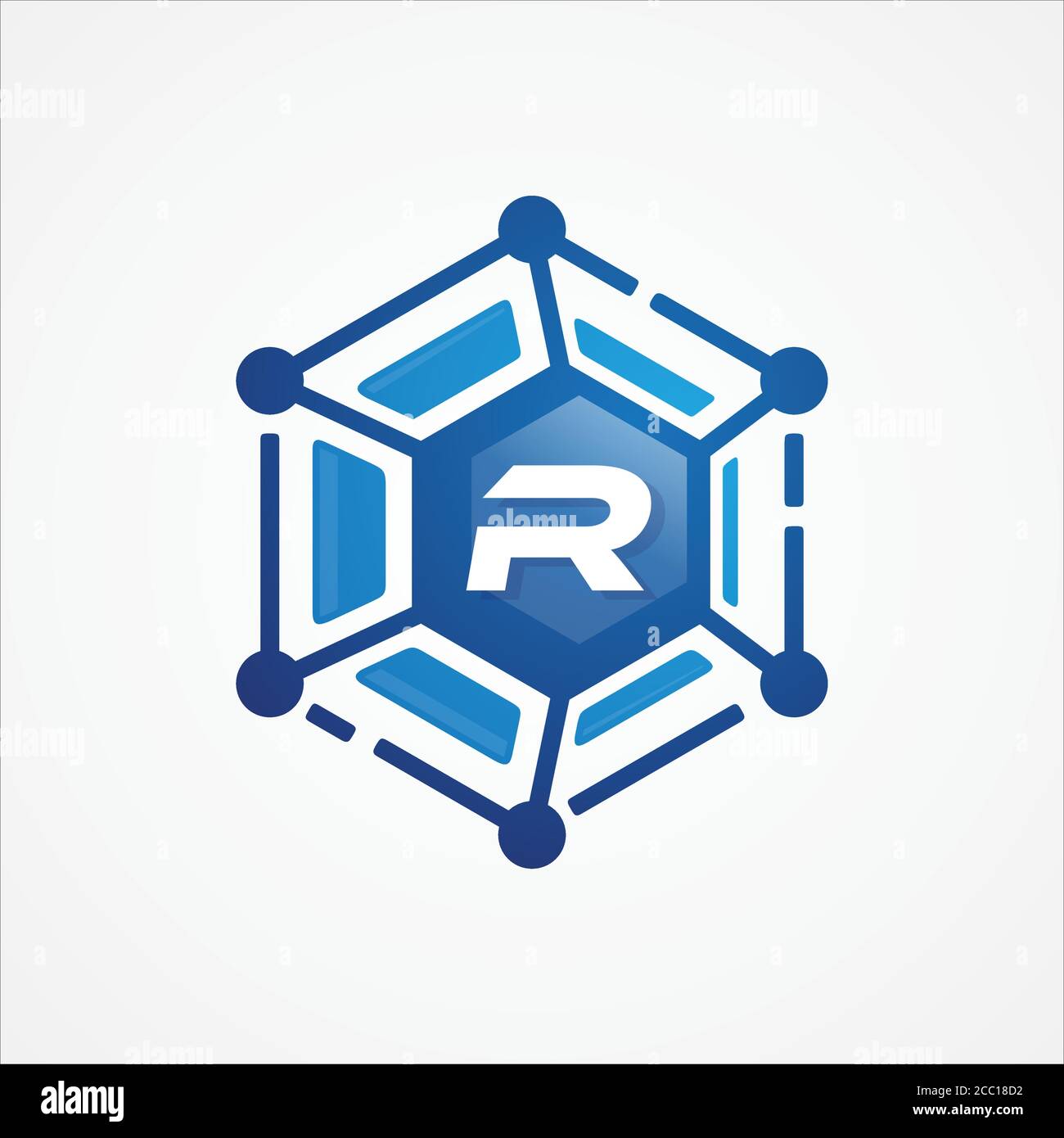 Technology design vector orbit shape hexagon with letter R symbol ...
