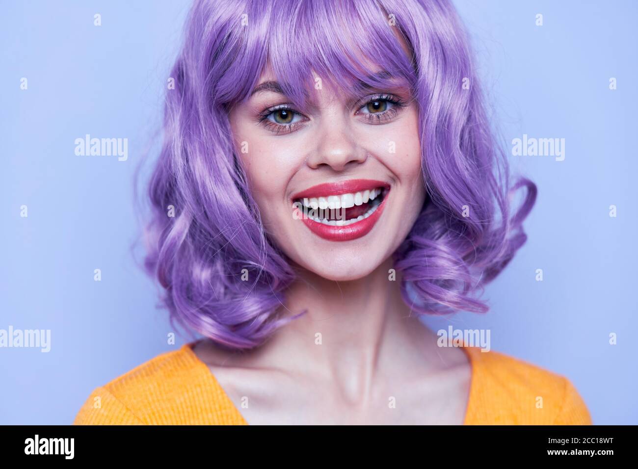 Attractive and smiling model red lips isolated background Stock Photo ...