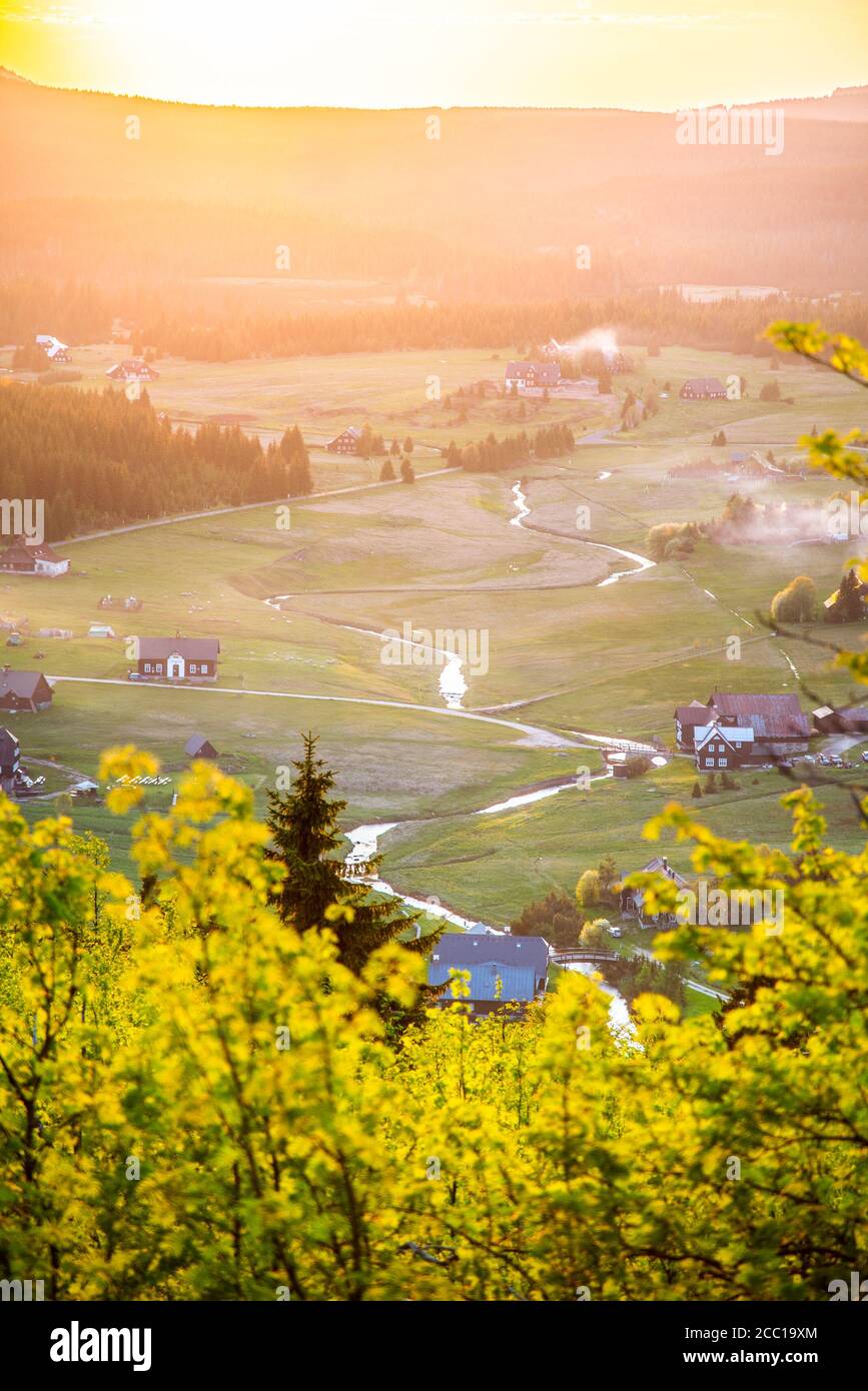 Jizerka village at sunset time. View from Bukovec Mountain, Jizera ...