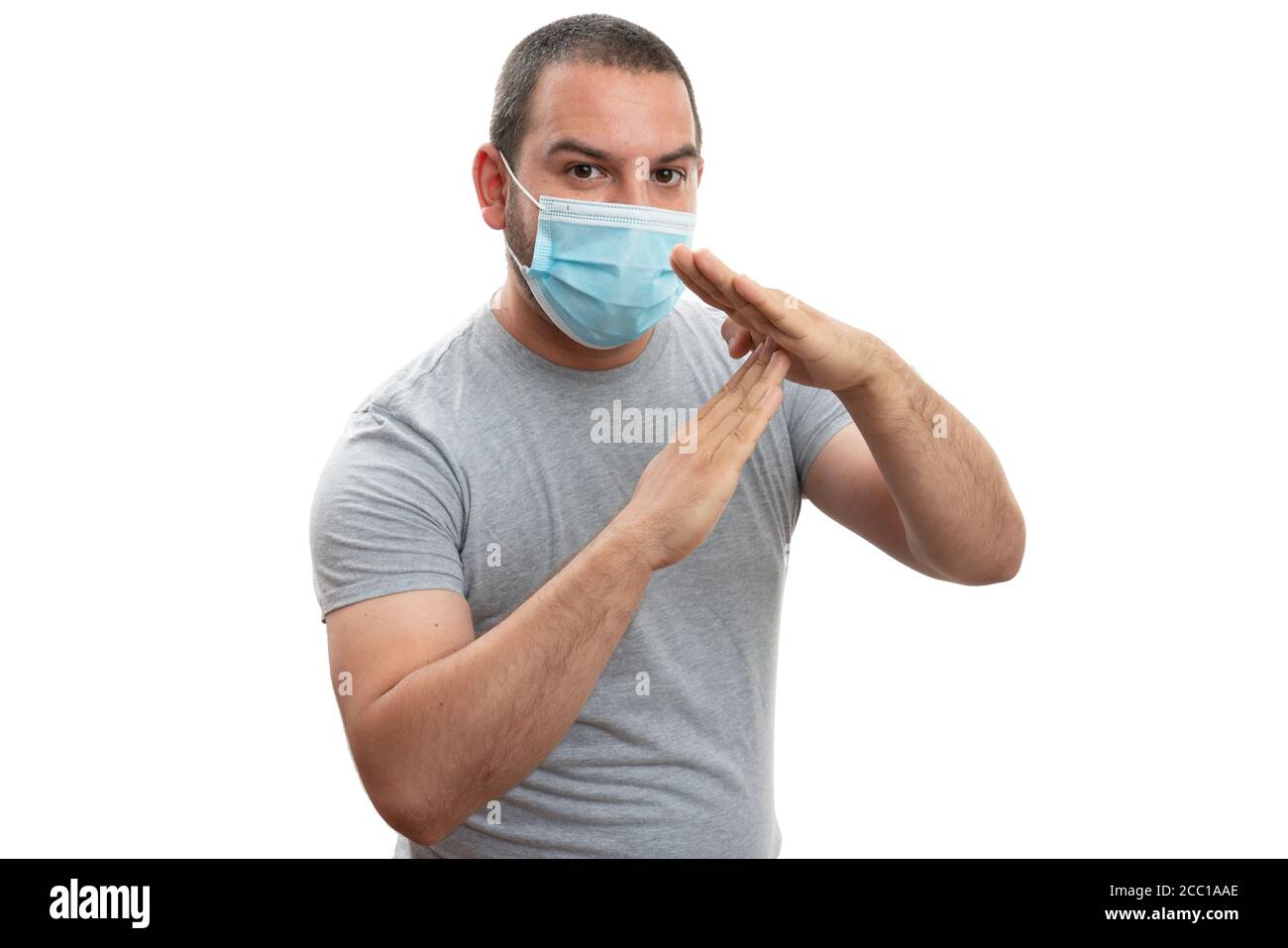 Adult male making timeout gesture with hands as pause covid19 sars flu ...