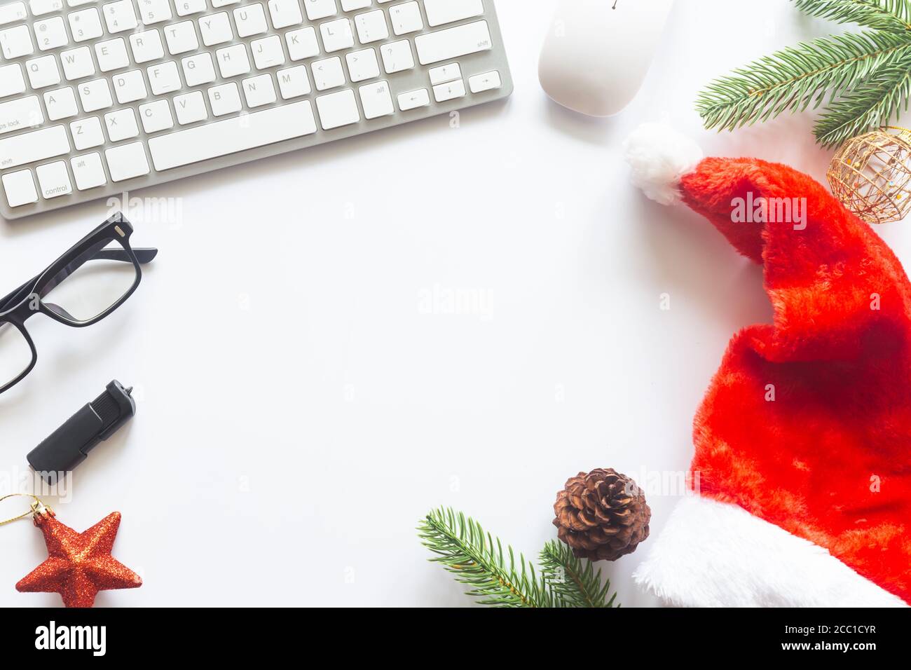 White Christmas, desk office with laptop, decoration and work supplies ...