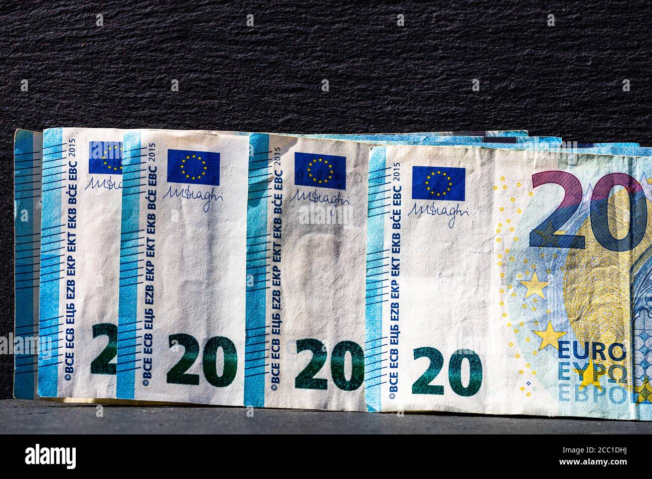 Selective focus on detail of euro banknotes. Close up macro detail of ...