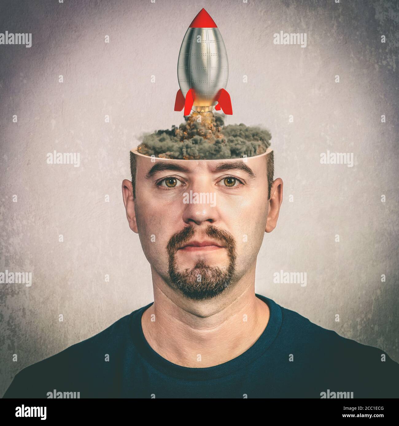 Portrait of a man with a rocket starting from inside his head ...