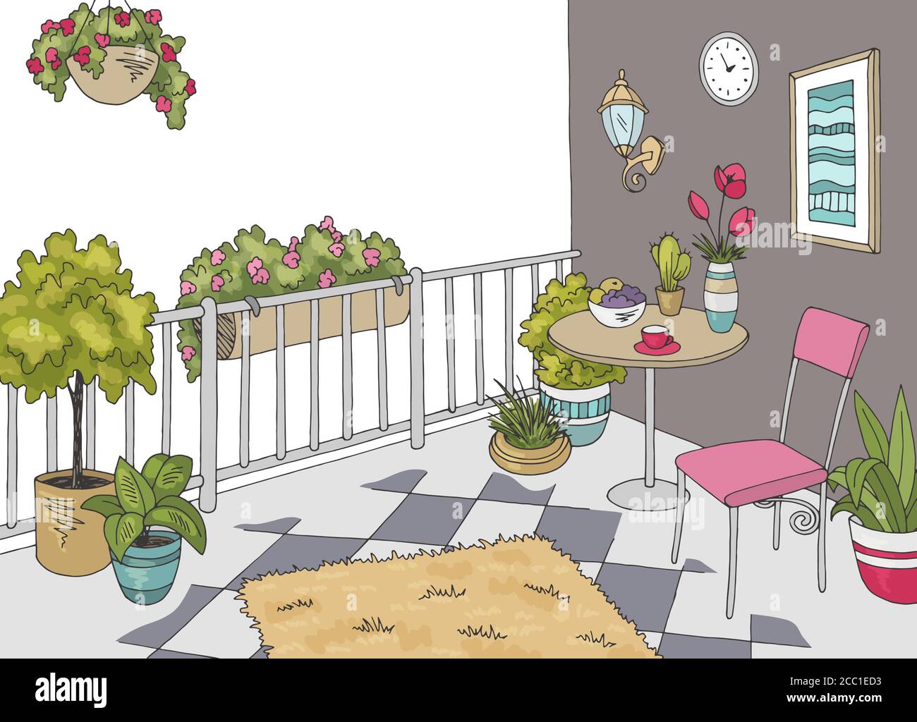 Balcony garden graphic color interior sketch illustration vector Stock ...