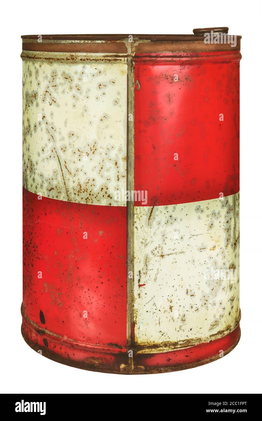 Vintage rusty red with white oil barrel isolated on a white background ...