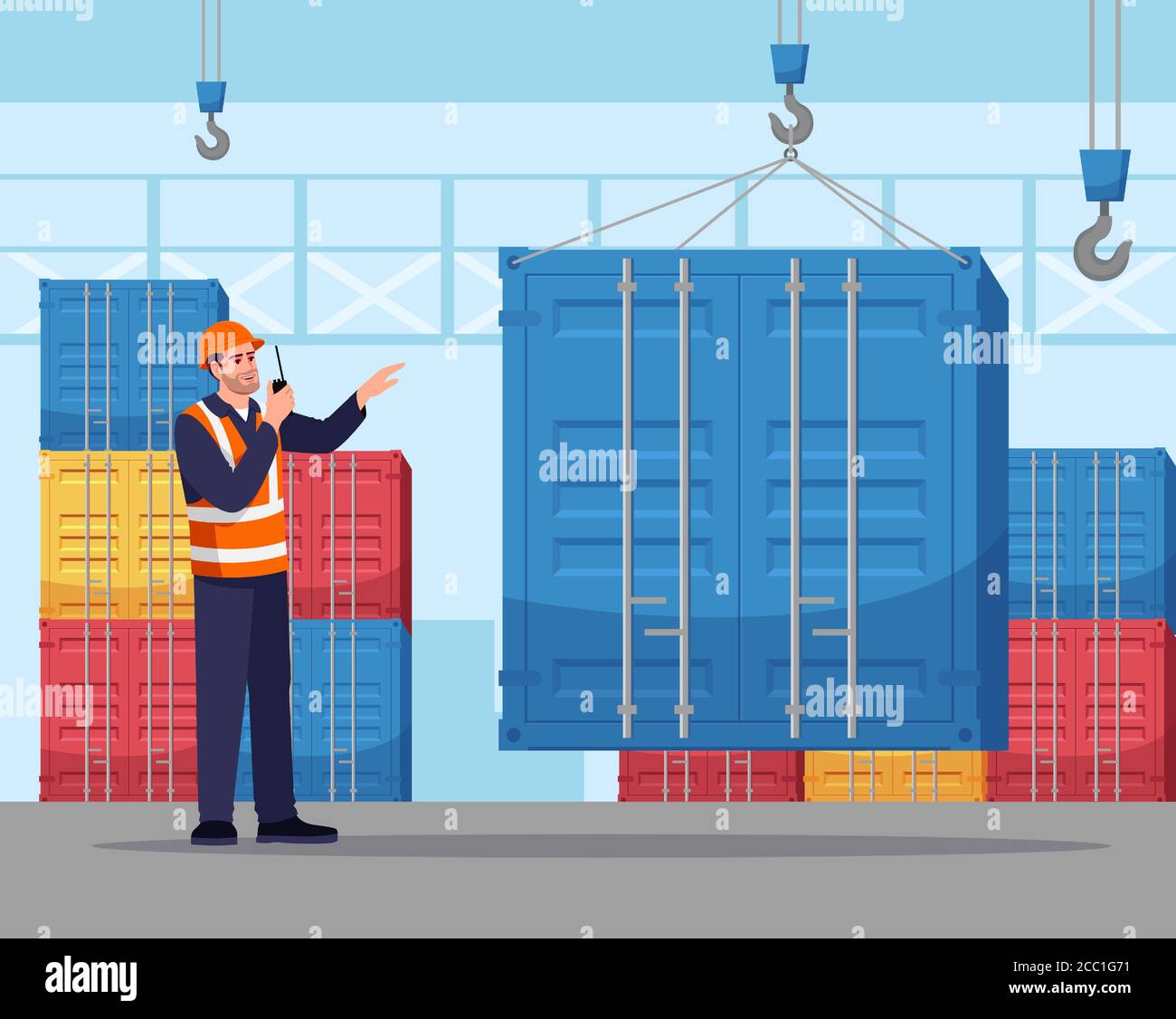 Dock worker semi flat vector illustration. Loading freight container ...