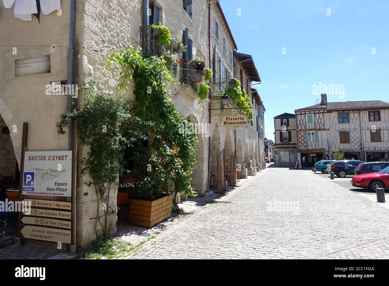 Eymet, France: July 2020: The town square and medieval buildings in the ...