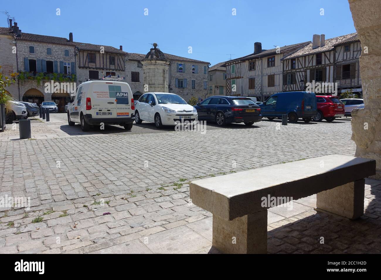 Eymet, France: July 2020: The town square and medieval buildings in the ...