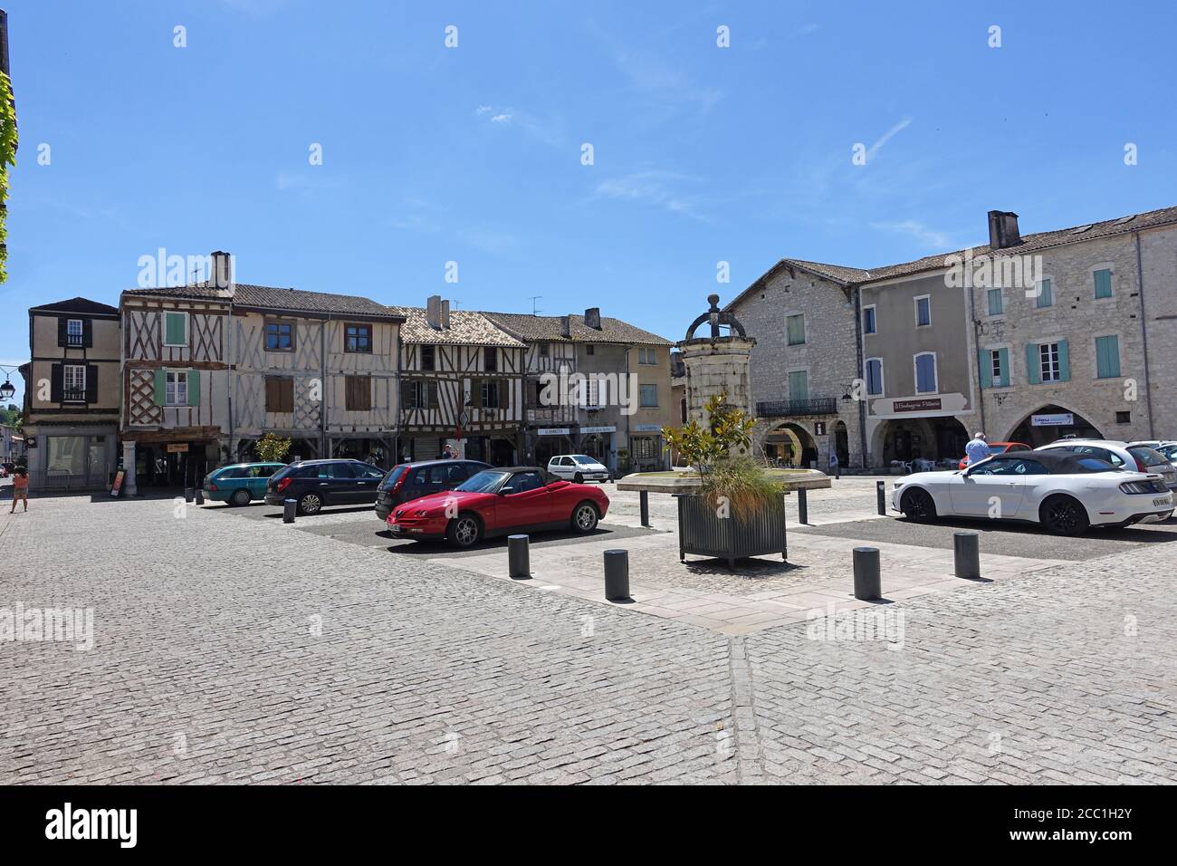 Eymet, France: July 2020: The town square and medieval buildings in the ...