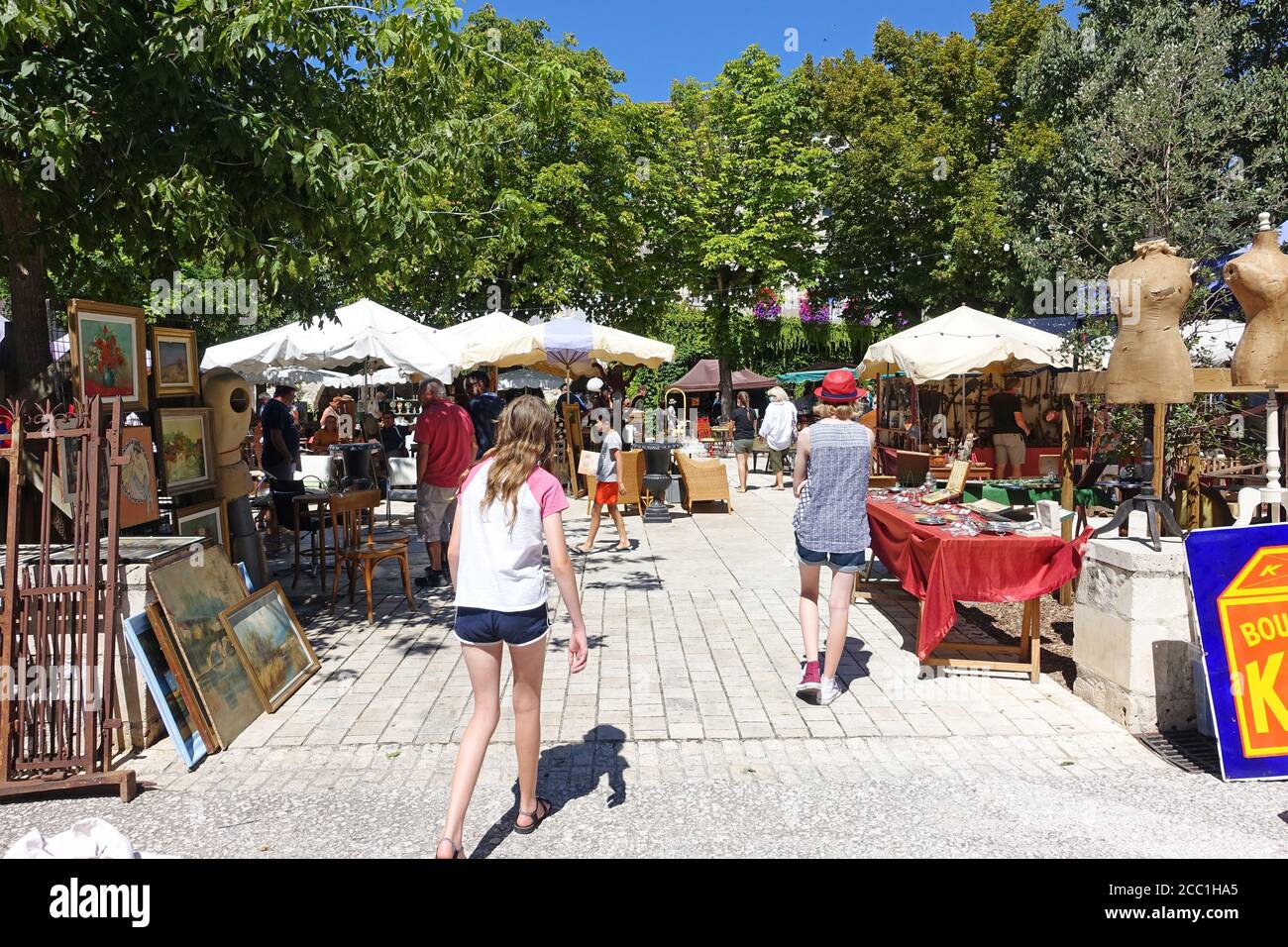 Monflanquin, France 18 July 2020: Antiques market or brocante in the ...
