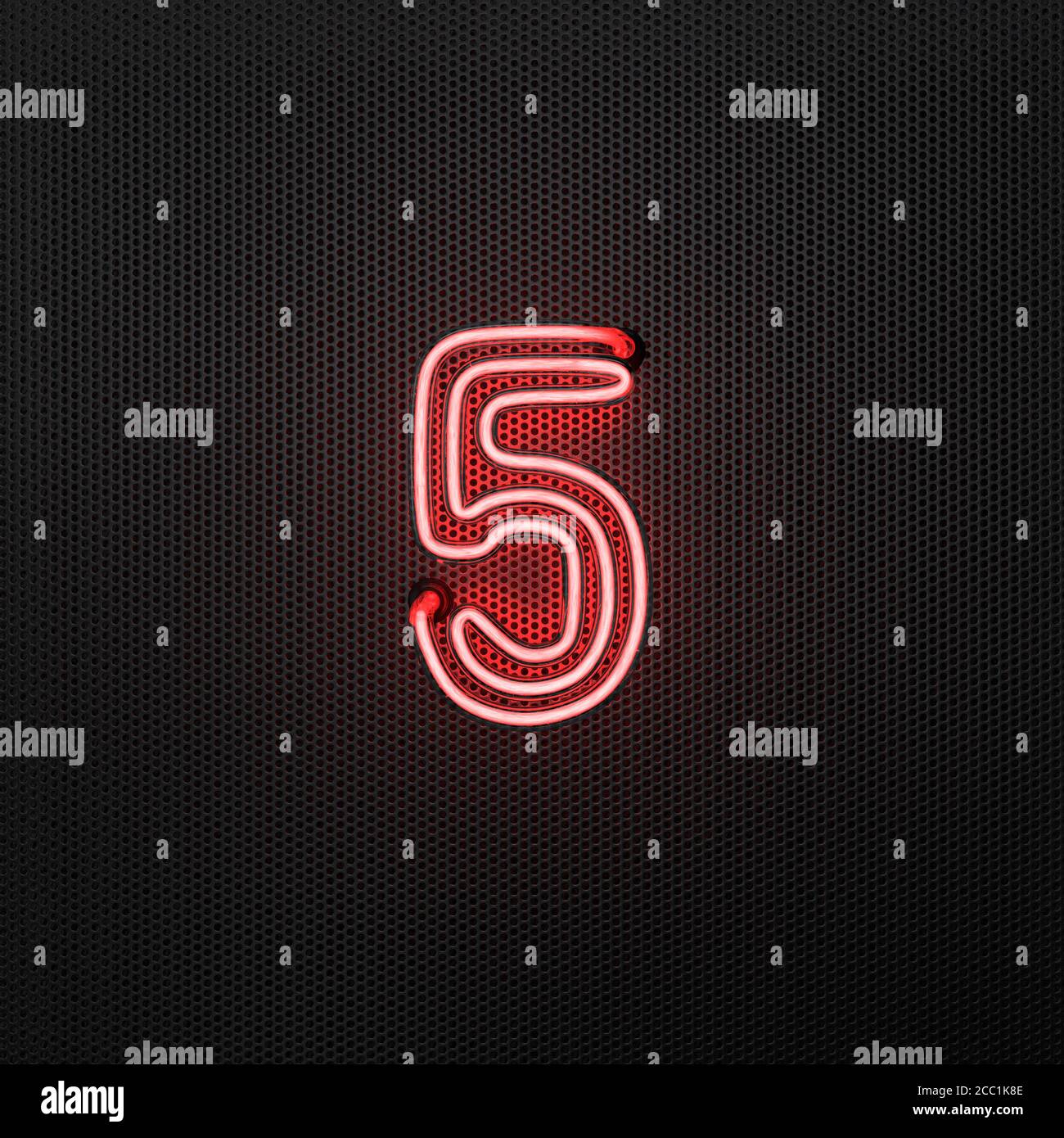 Glowing red neon number 5 (number five) on a perforated metal ...