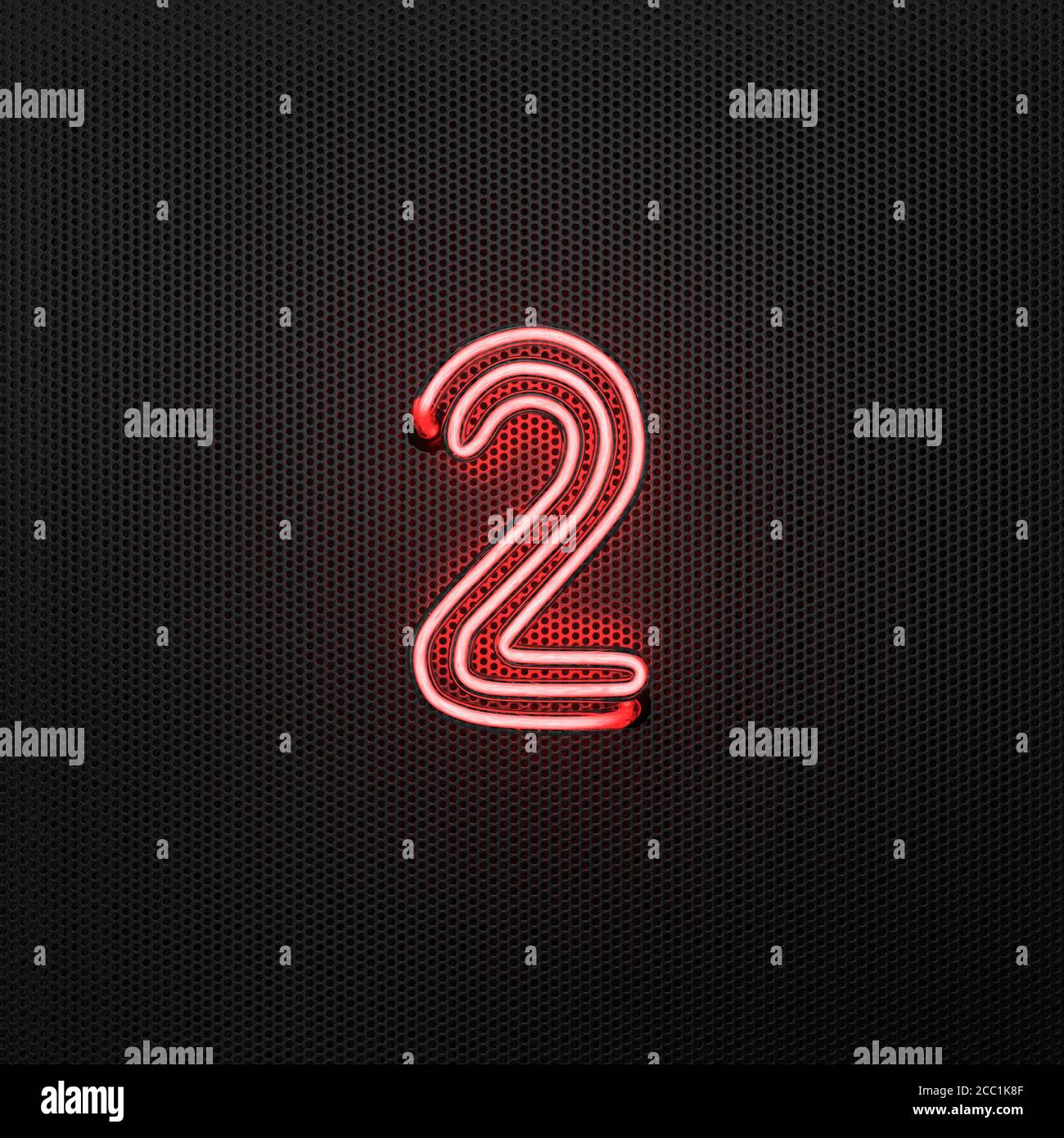 Glowing red neon number 2 (number two) on a perforated metal background ...