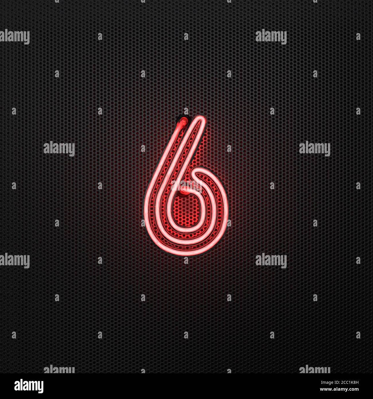 Glowing red neon number 6 (number six) on a perforated metal background ...