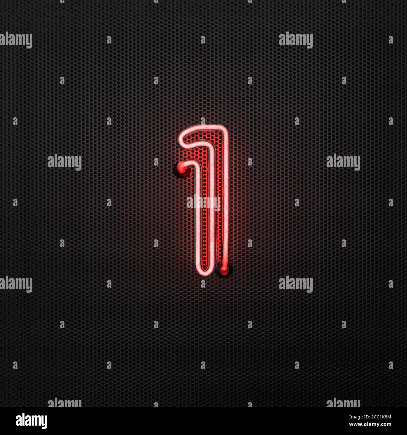 Glowing red neon number 1 (number one) on a perforated metal background ...