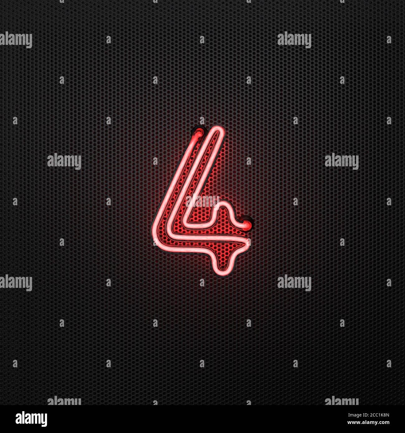 Glowing red neon number 4 (number four) on a perforated metal ...