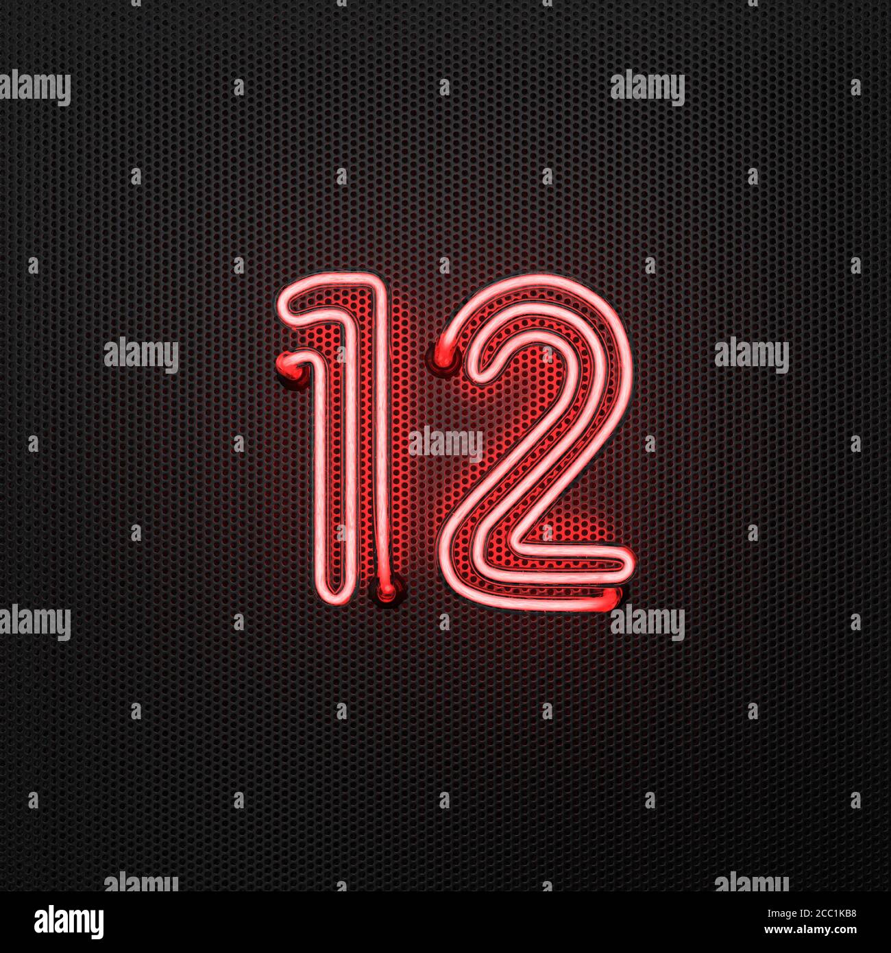 Glowing red neon number 12 (number twelve) on a perforated metal ...