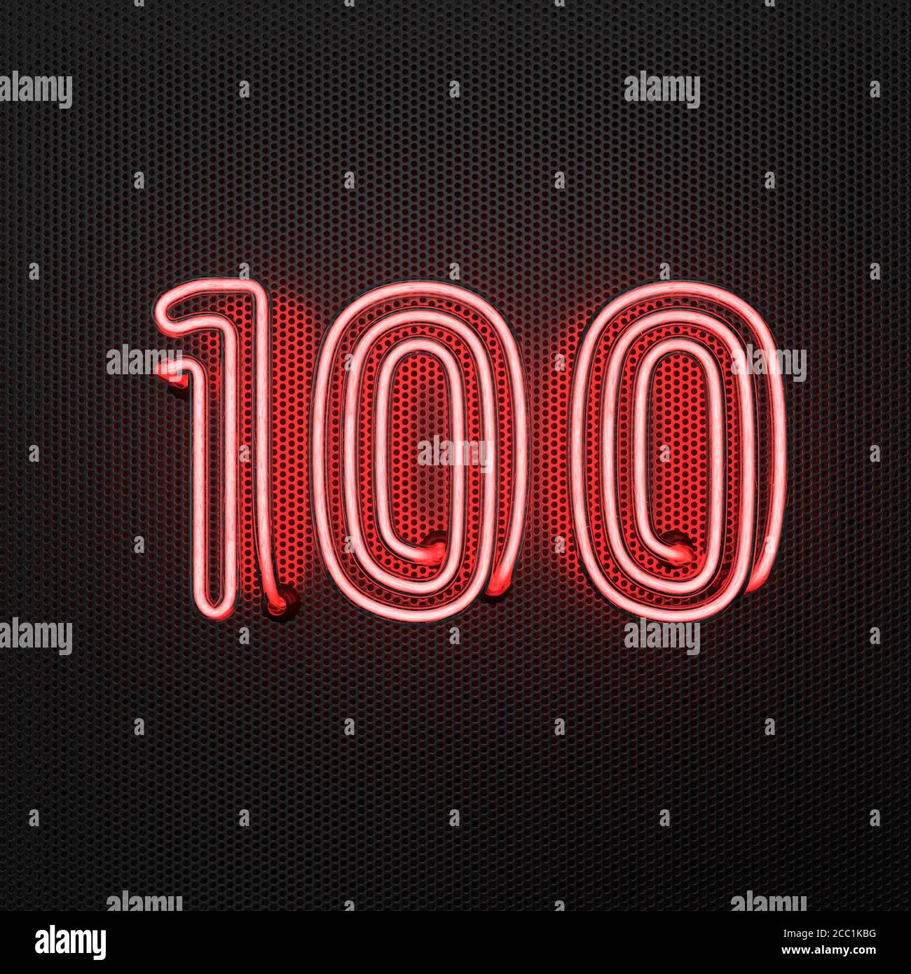 Glowing red neon number 100 (number one hundred) on a perforated metal ...