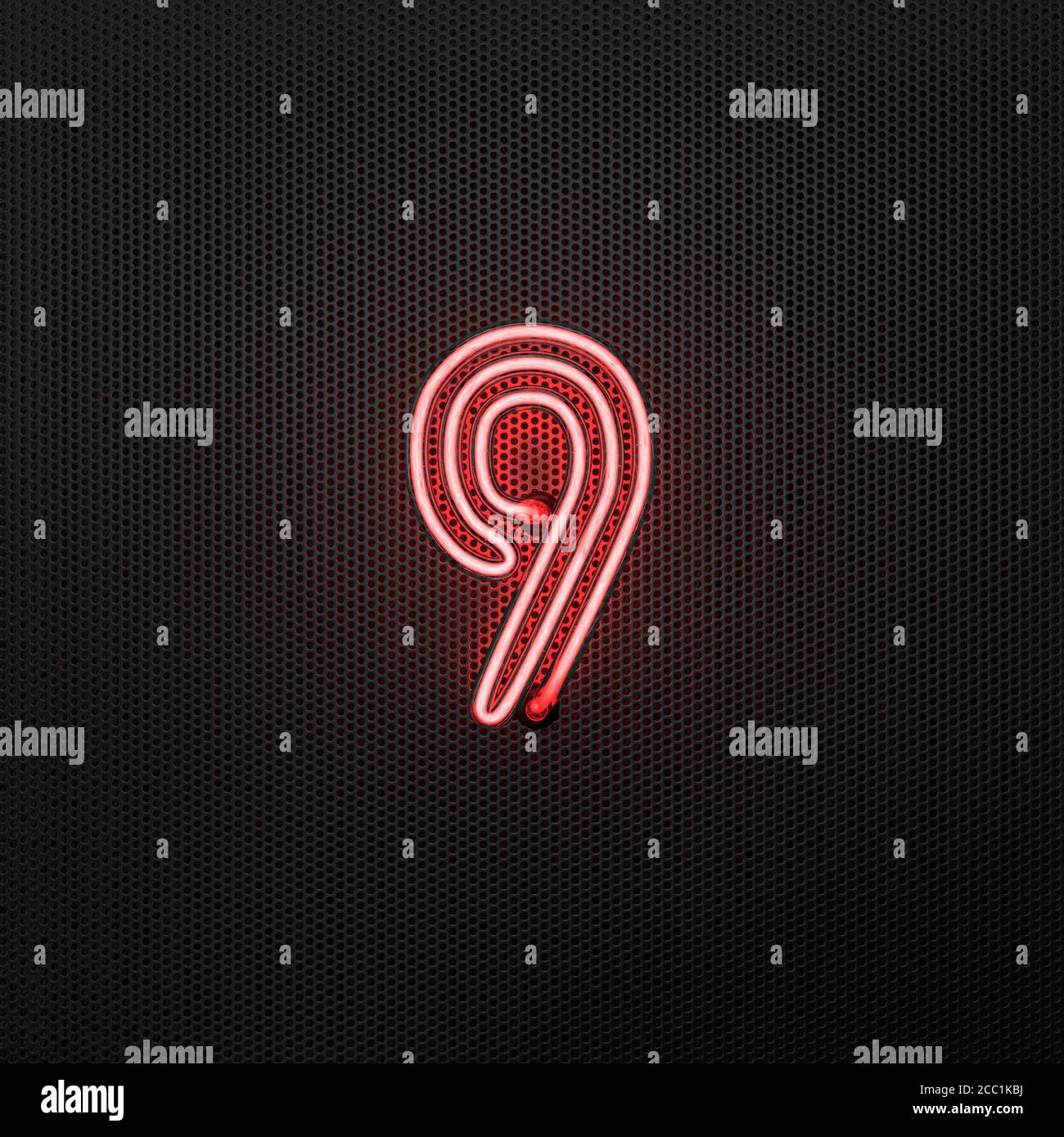 Glowing red neon number 9 (number nine) on a perforated metal ...