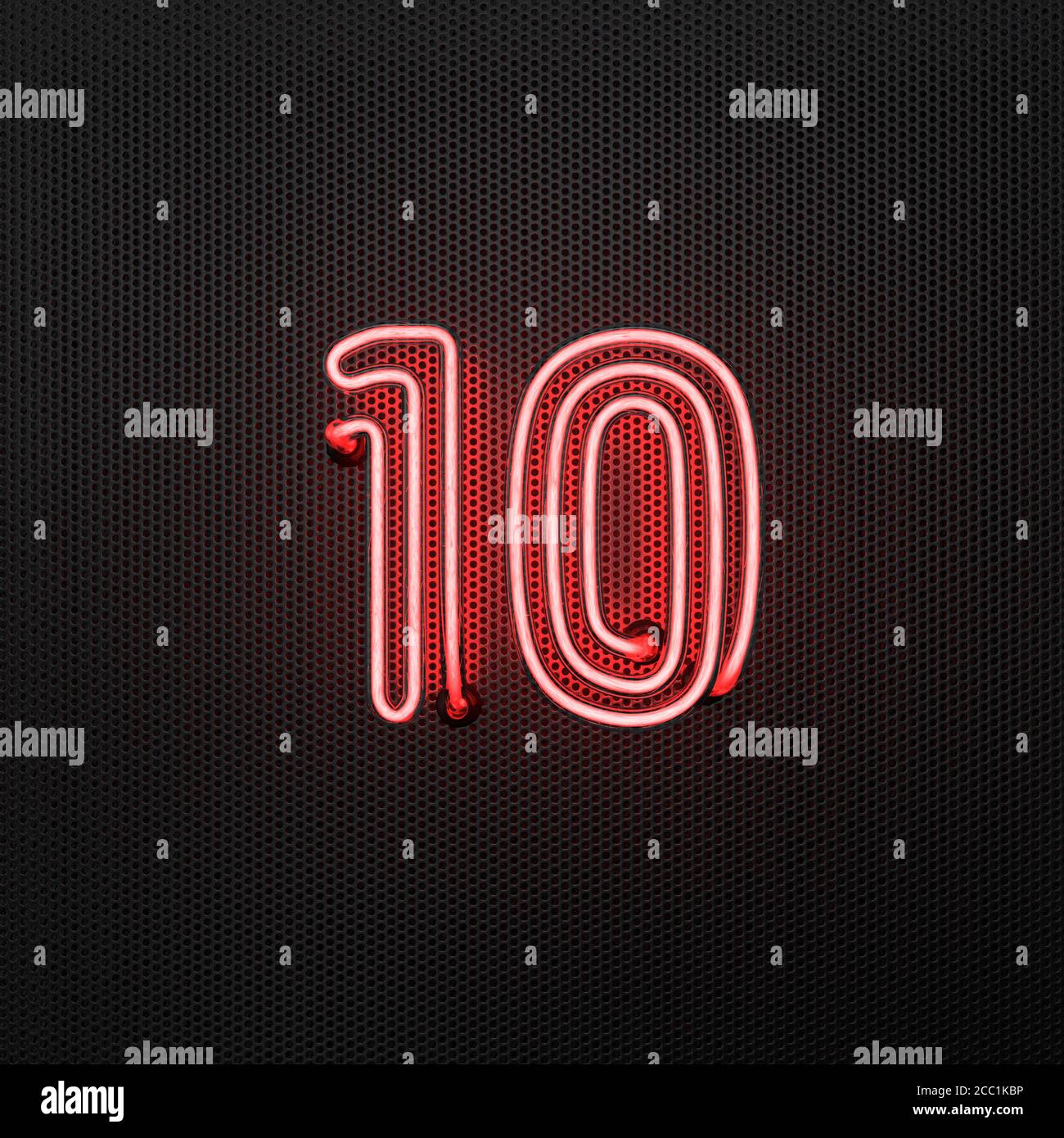 Glowing red neon number 10 (number ten) on a perforated metal ...