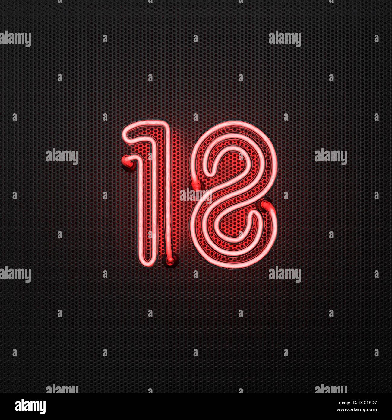 Glowing red neon number 18 (number eighteen) on a perforated metal ...