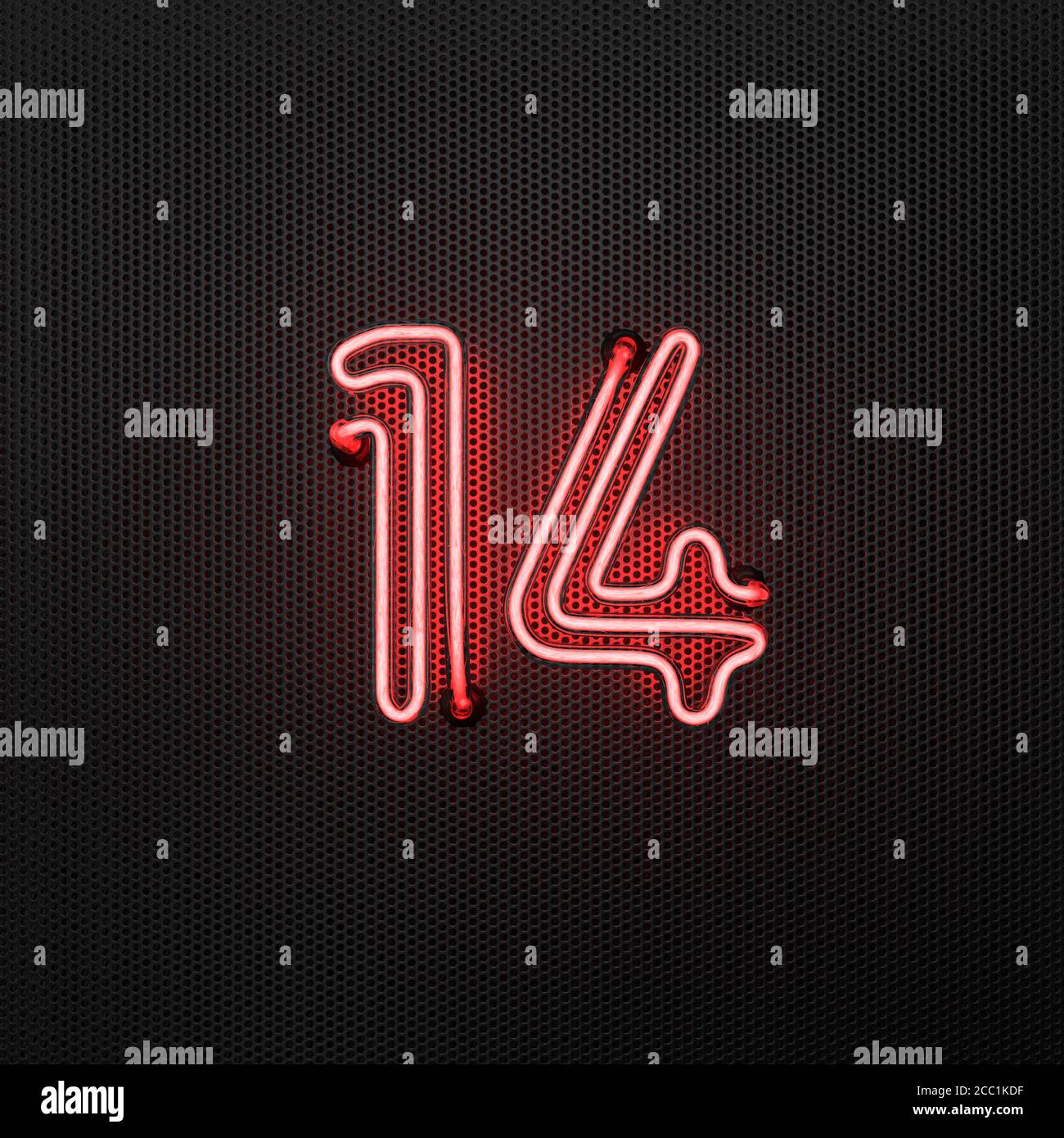Glowing red neon number 14 (number fourteen) on a perforated metal ...