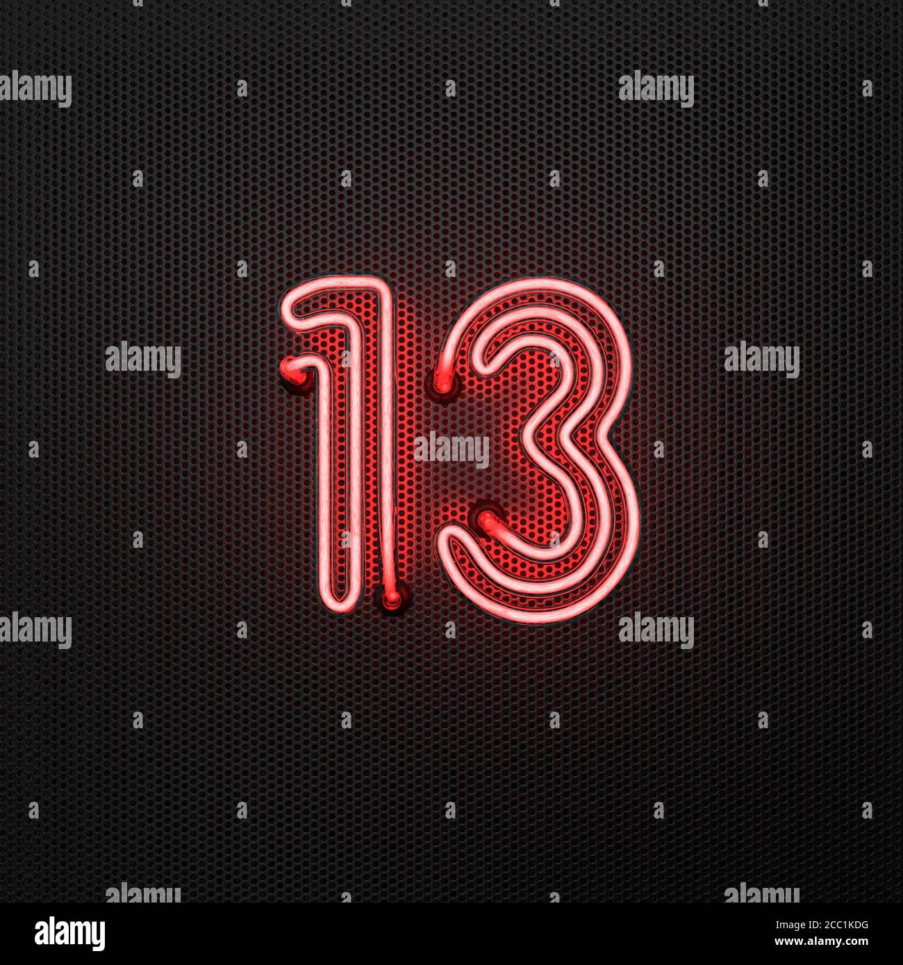 Glowing red neon number 13 (number thirteen) on a perforated metal ...
