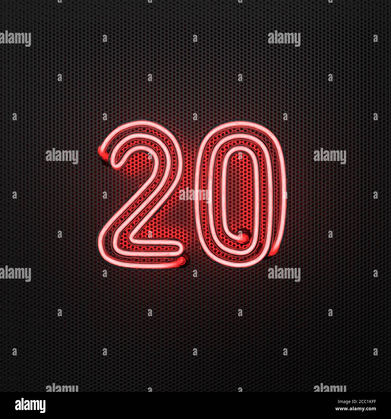 Glowing red neon number 20 (number twenty) on a perforated metal ...